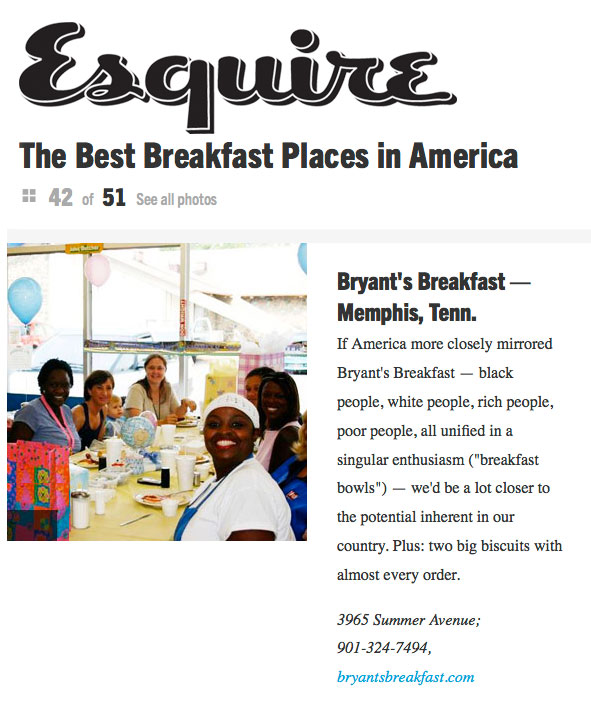 Bryant's Named Best Breakfast by Esquire Magazine | Bryant's Breakfast ...